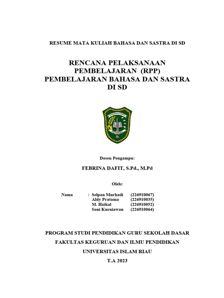 Resume Mata Kuliah Bahasa Dan Sastra Indonesia SD | PDF | Karier & Perkembangan