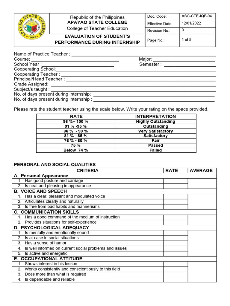 Internship Performance Evaluation Form | PDF | Lesson Plan | Learning