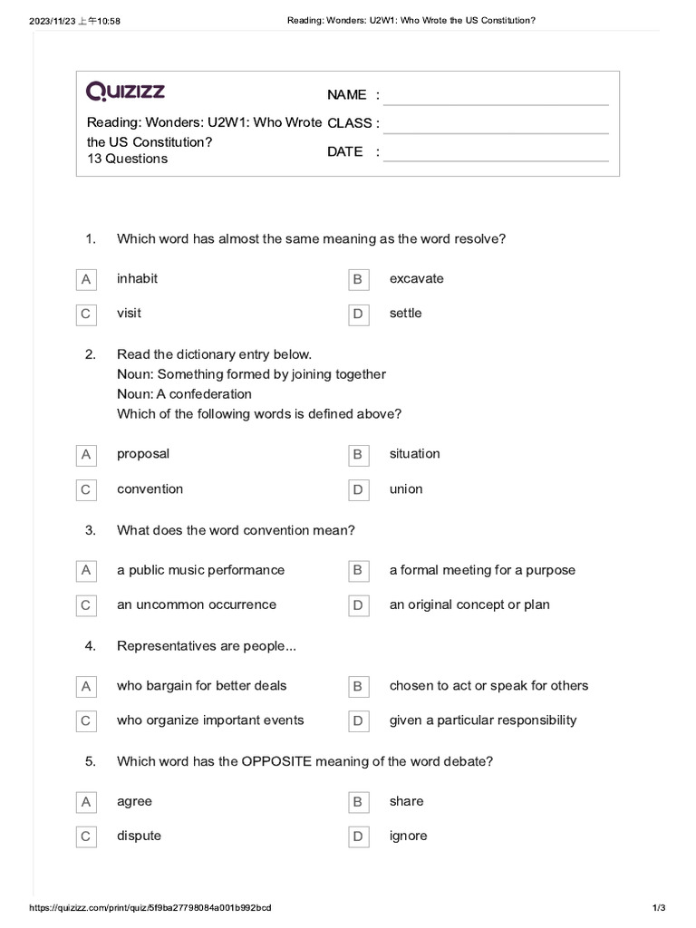 Reading - Wonders - U2W1 - Who Wrote The US Constitution | PDF