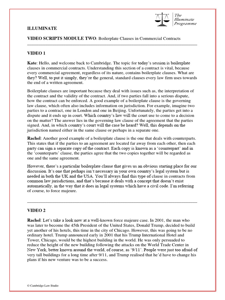 VIDEO SCRIPTS MODULE TWO Boilerplate Clauses in Commercial Contracts ...