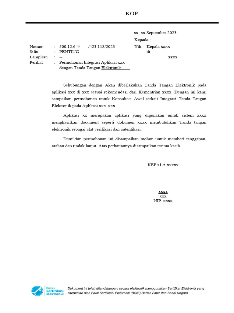 Contoh Surat Permohonan Analisis Kebutuhan Integrasi Aplikasi dan TTE | PDF