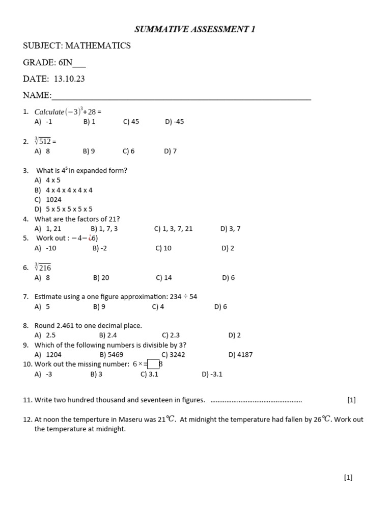 Summative Assessment 1 | PDF | Elementary Mathematics | Numbers