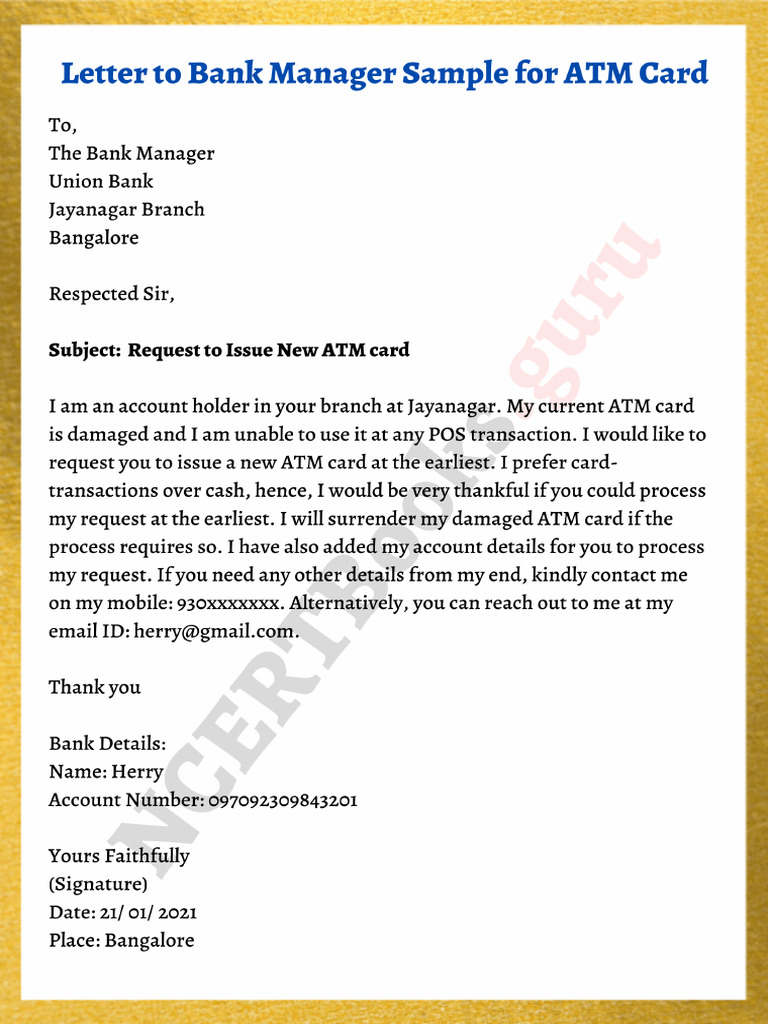 Sample Letter To Bank Manager For ATM Card | PDF