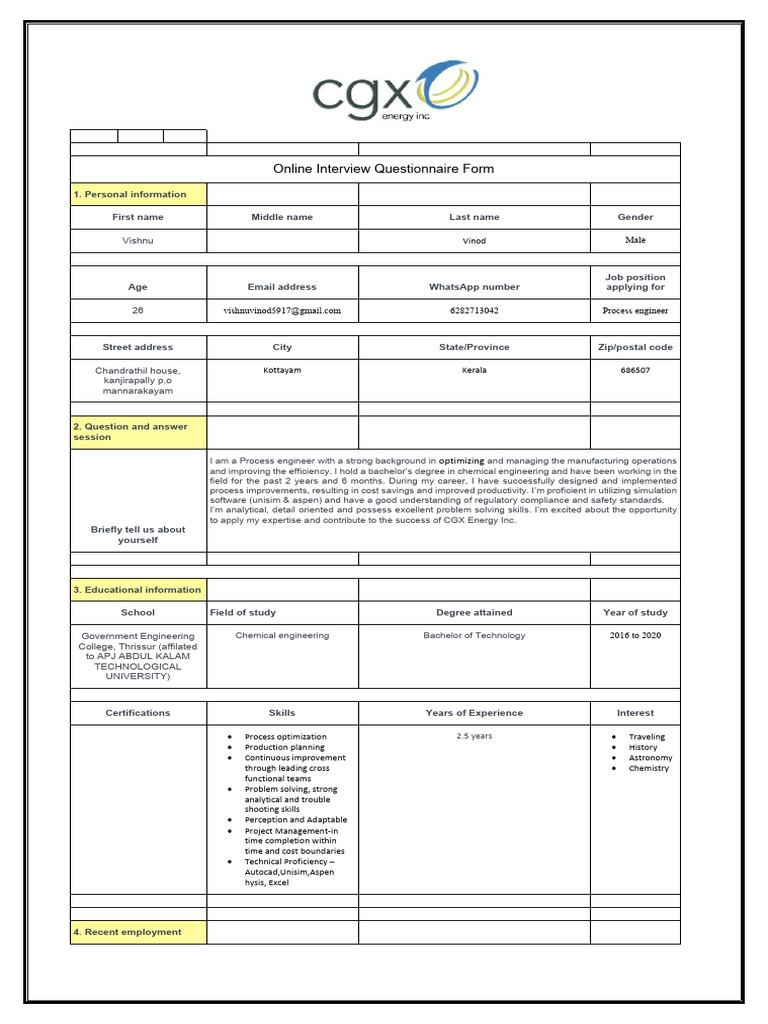Process Engineer Interview Form | PDF | Employment | Innovation