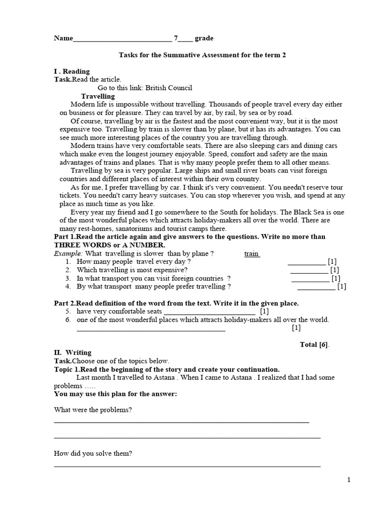 7th Grade Travel Assessment Tasks | PDF | Train | Transport