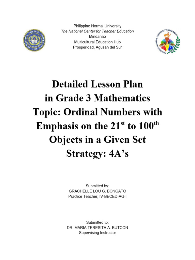 Detailed Lesson Plan in Teaching Grade 3 Mathematics - Ordinal Numbers ...