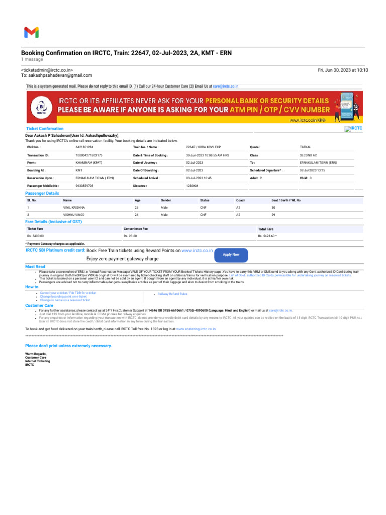 Gmail - Booking Confirmation On IRCTC, Train 22647, 02-Jul-2023, 2A ...