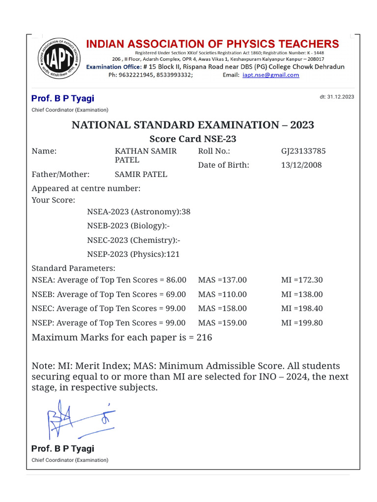 ScoreCard - IAPT 2023 | PDF