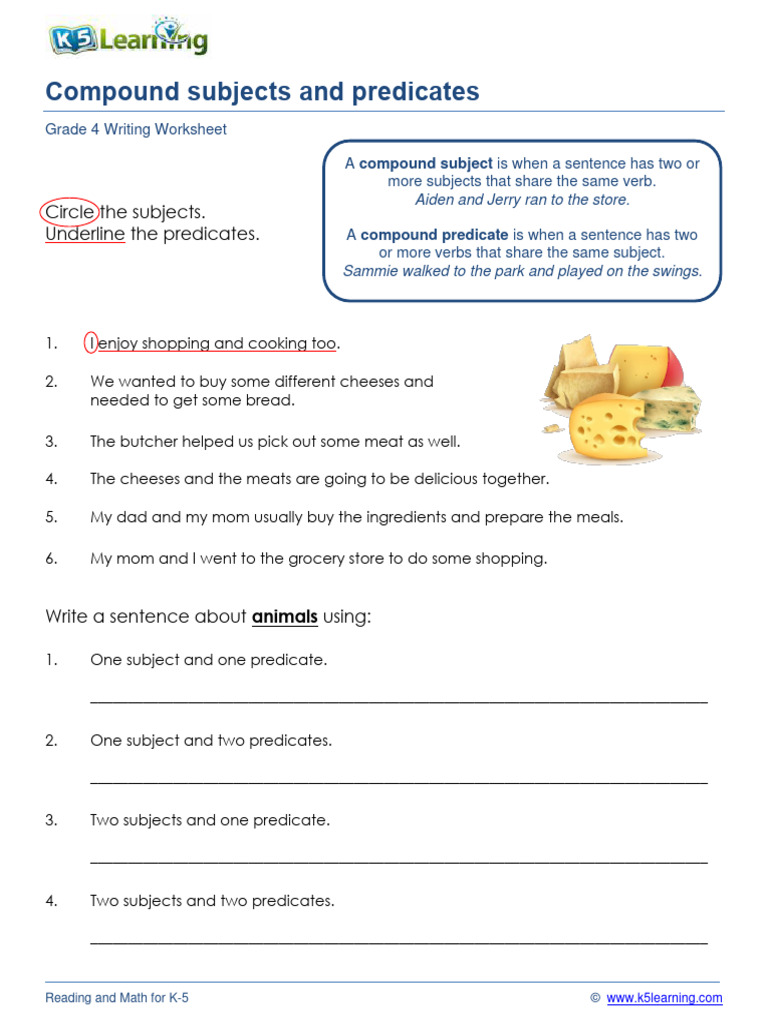 Grade 4 Compound Subjects Predicates A | PDF | Subject (Grammar) | Food ...