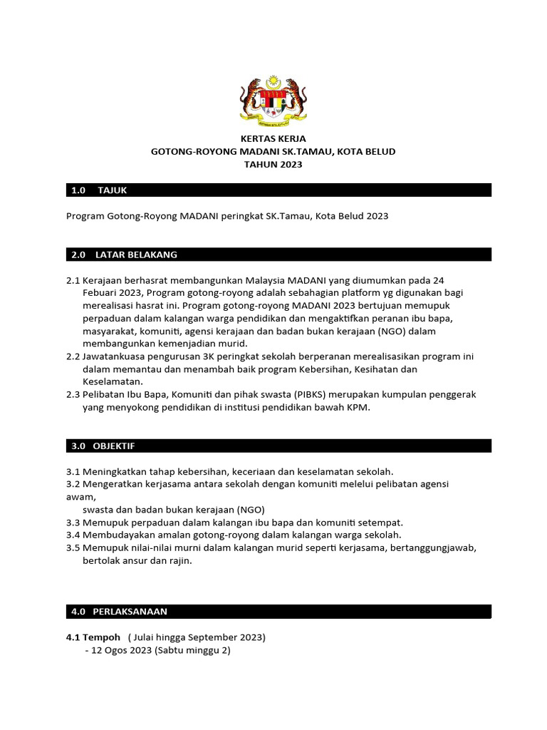 Kertas Kerja Gotong Royong Madani SK Tamau 2023 | PDF