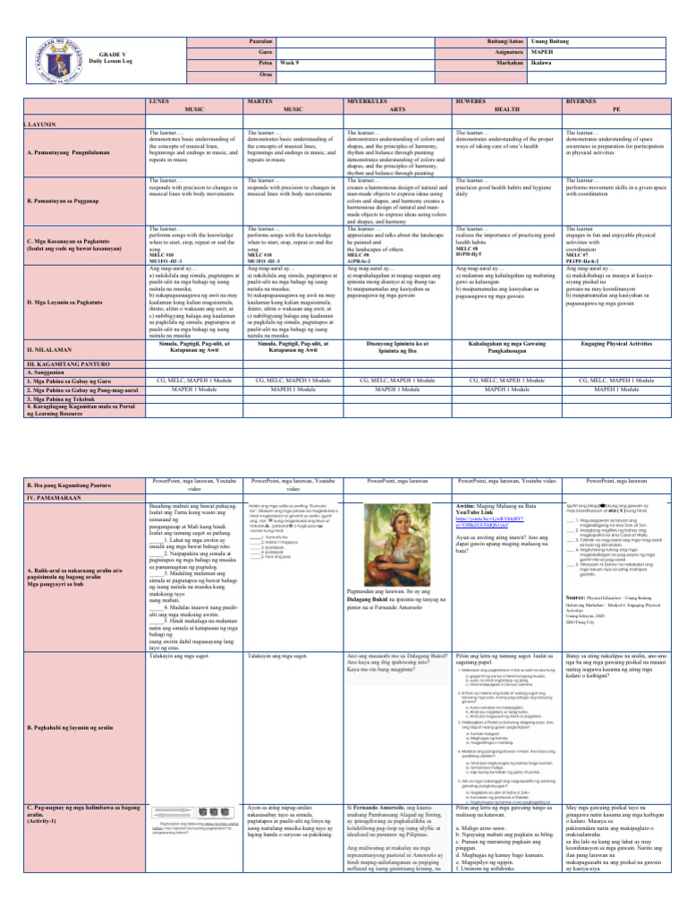 DLL W9 Q2 Mapeh 1 | PDF | Learning | Intelligence