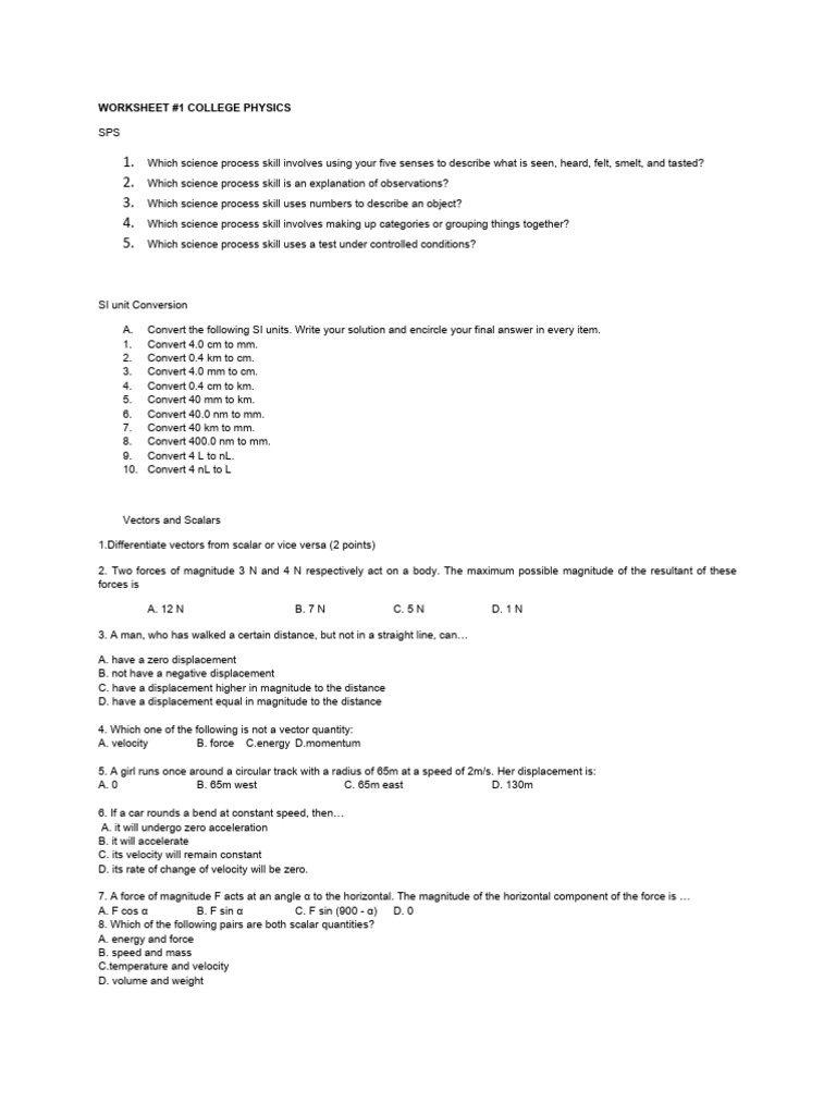 Worksheet #1 College Physics | PDF | Force | Velocity