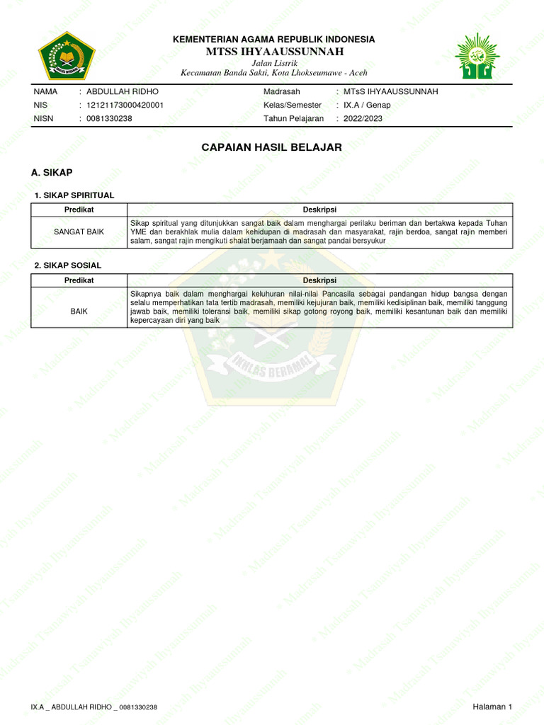 Rapor Kelas IX.A23 | PDF