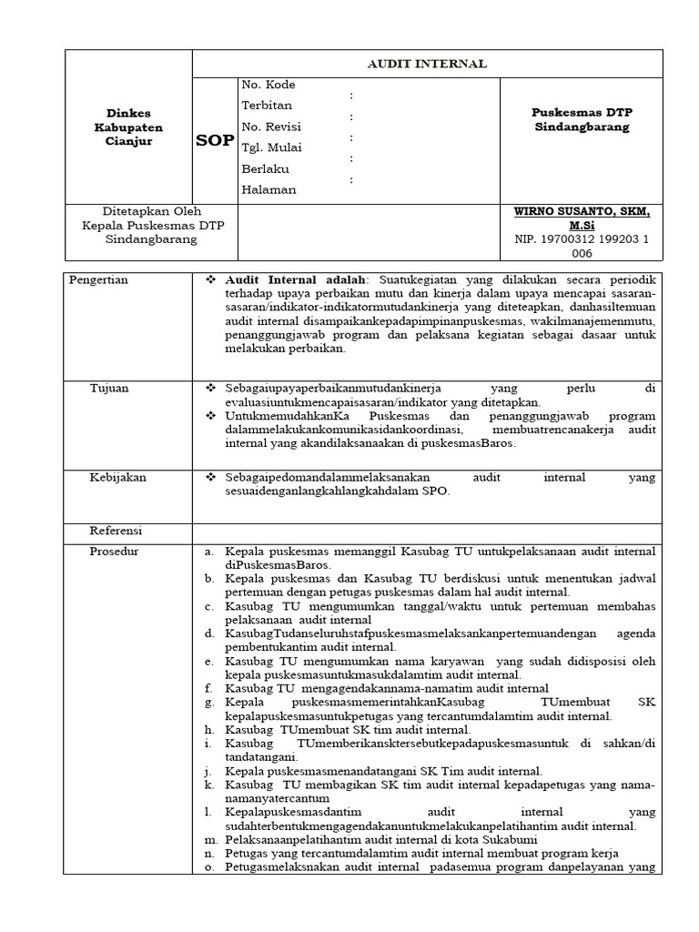 SOP Audit Internal | PDF