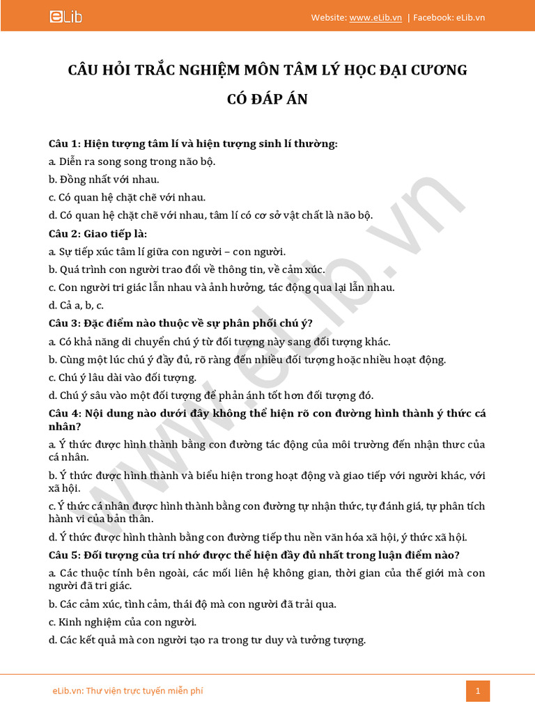 Cau Hoi Trac Nghiem Mon Tam Ly Hoc Dai Cuong906 | PDF