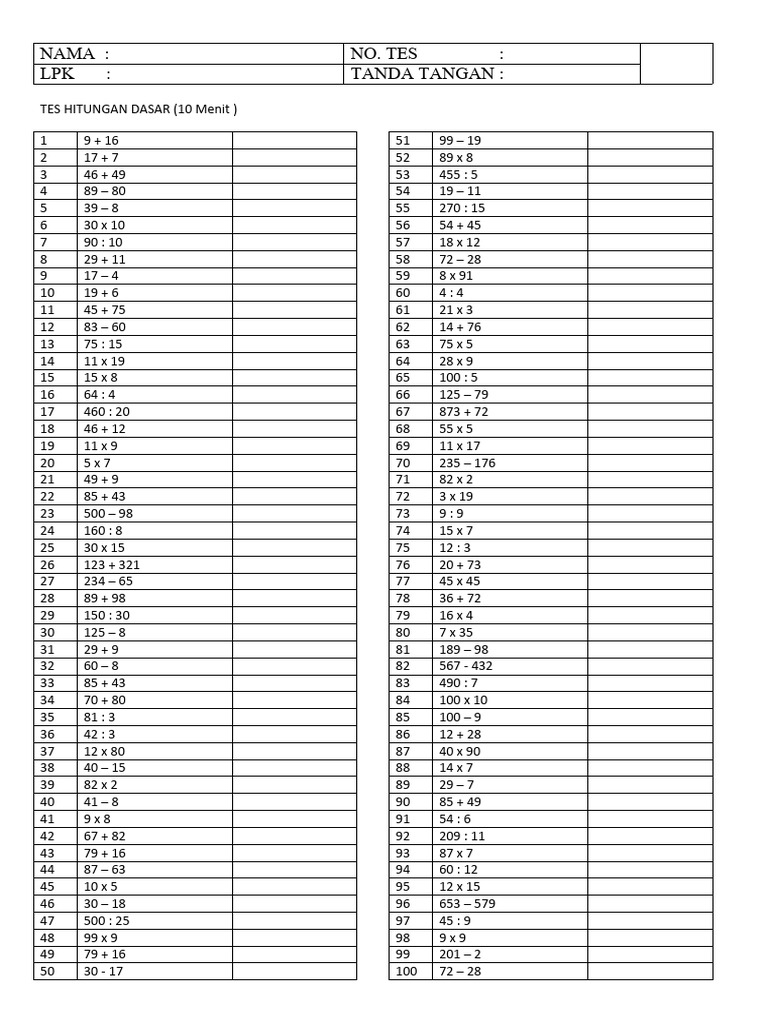 Tes Hitungan Dasar 1 | PDF