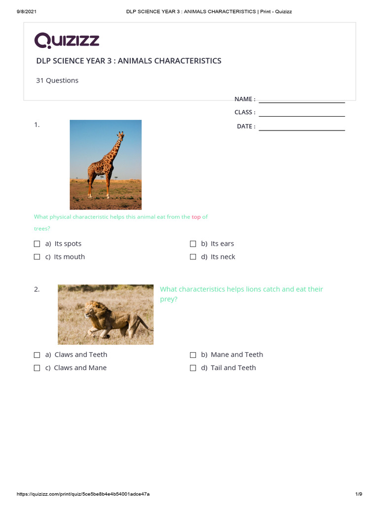 Animal Physical Characteristics Quiz | PDF | Lion | Predation
