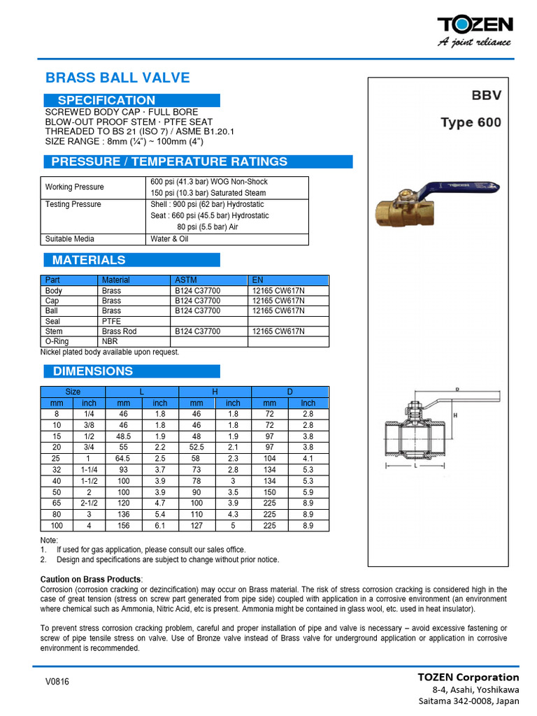 Brass Ball Valve (BBV) V0816 | PDF | Screw | Manufactured Goods