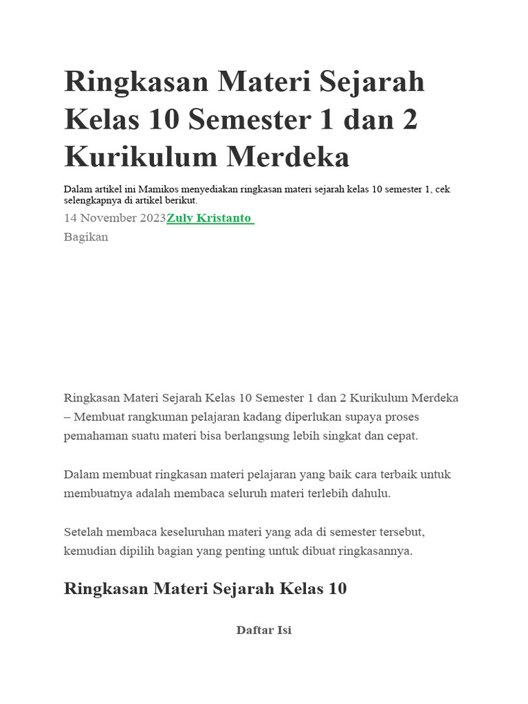Ringkasan Materi Sejarah Kelas 10 Semester 1 Dan 2 Kurikulum Merdeka | PDF