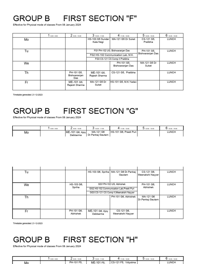 First Year Time Table Even Semester17046875807222 | PDF