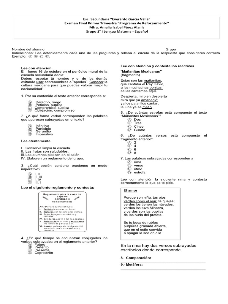 Examen Final 1er Trimestre Español 2021 | PDF | Lingüística