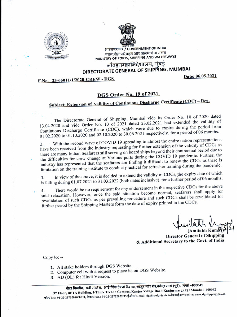 DGS Order No.19 of 2021 - Extension of Validity of Continuous Discharge ...