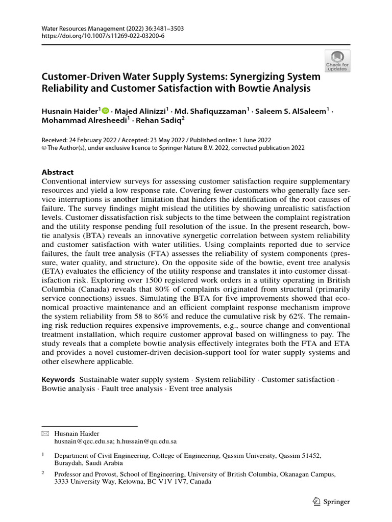 2022 - Customer-Driven Water Supply Systems - Synergizing System Reliability and Customer ...