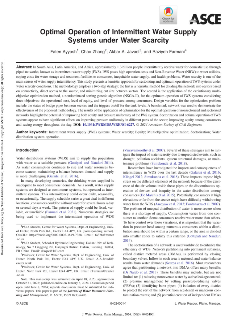 Ayyash Et Al 2024 Optimal Operation of Intermittent Water Supply Systems Under Water Scarcity ...