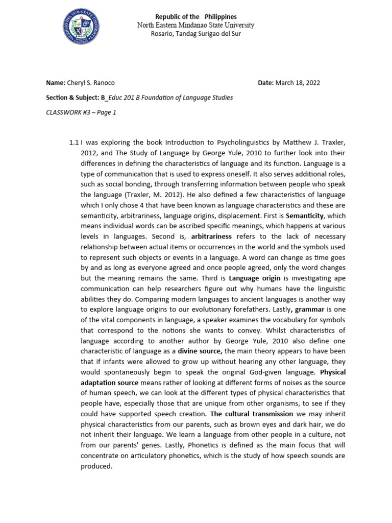Classwork 3 Characteristics of Language and Functions | PDF | Linguistics | Communication