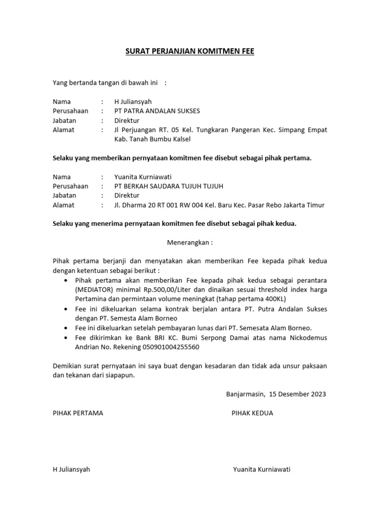 Surat-Perjanjian-Komitmen-Fee (PAS-BDTT) | PDF