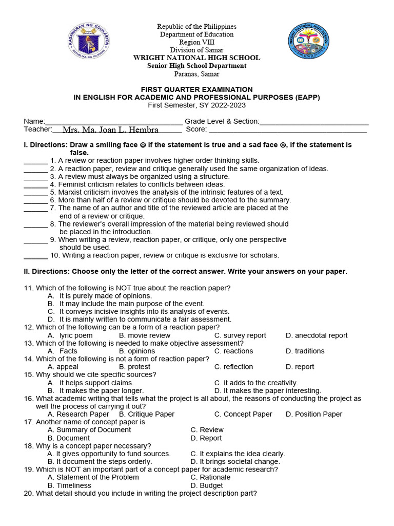 EAPP-Exam 1st | Download Free PDF | Essays | Learning EAPP-Exam 1st | Download Free PDF | Essays | Learning