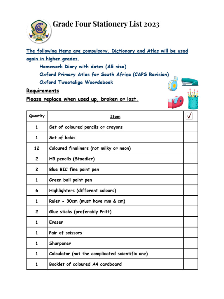 Grade 4 Stationery List For 2023 | PDF | Home & Garden