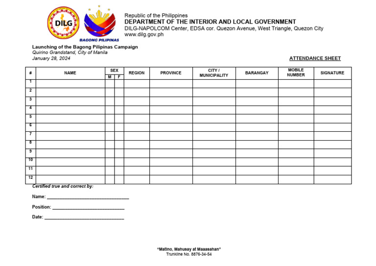 Attendance Sheet Bagong Pilipinas 1 | PDF