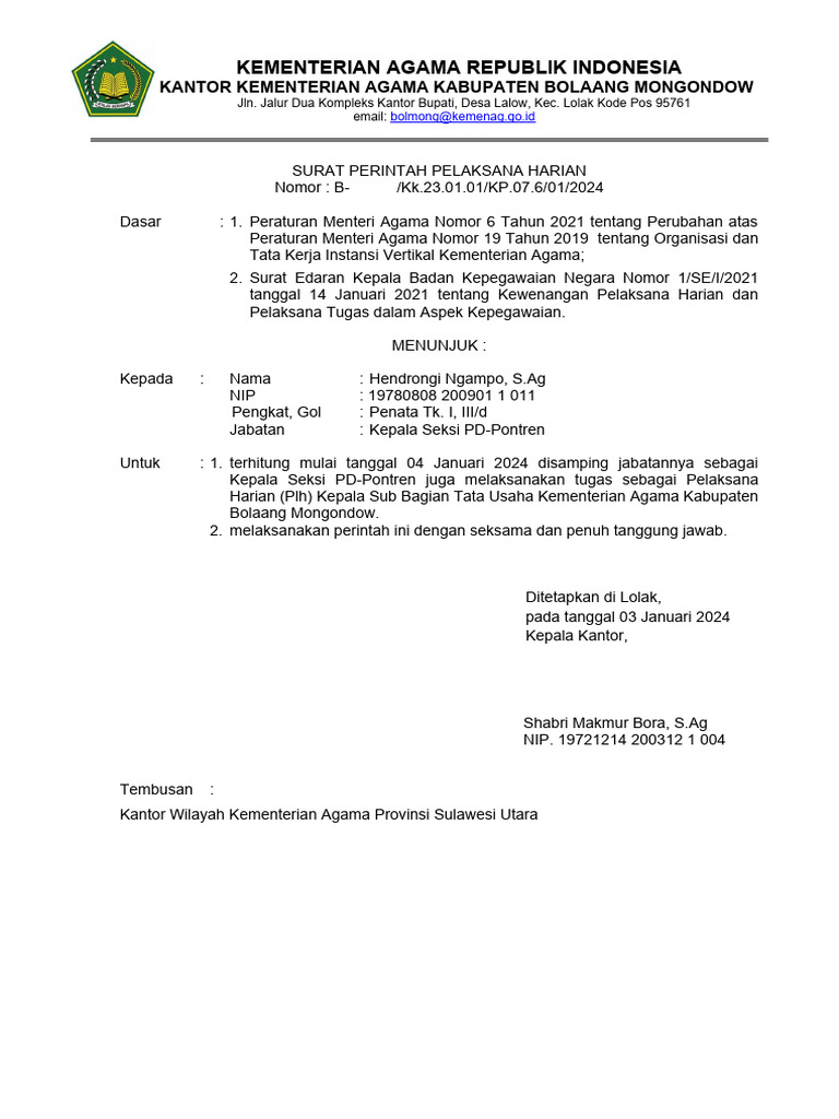 Surat Perintah Pelaksana Harian Kemenag | PDF