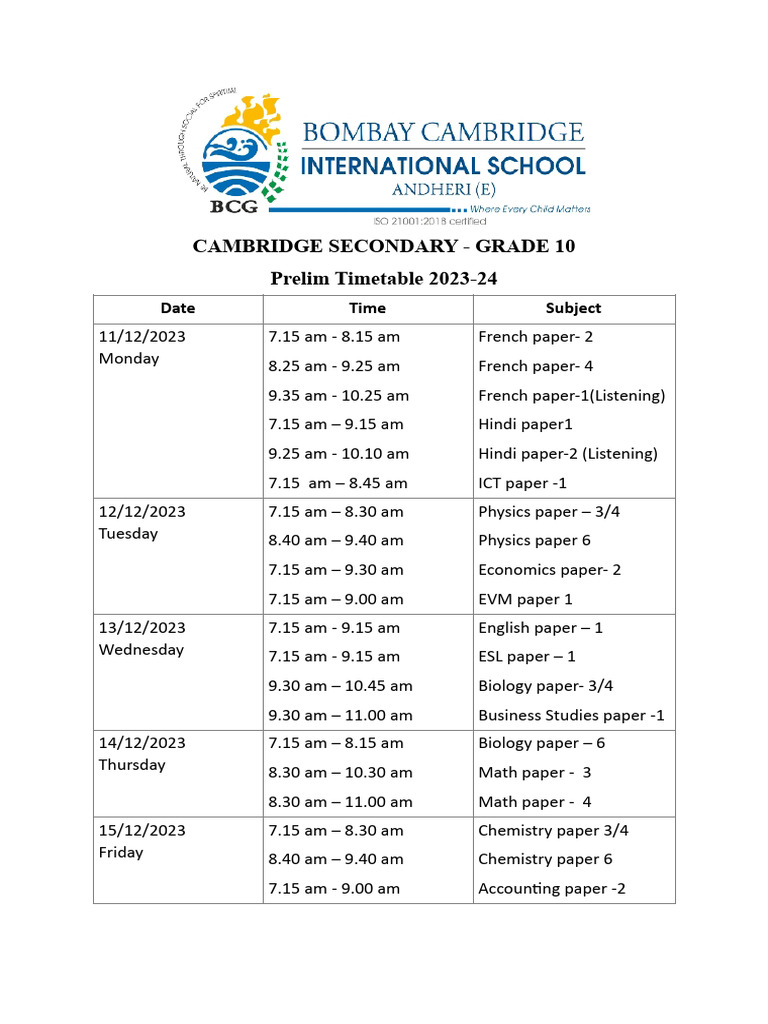 Prelim Grade 10 Timetable 2023-24 (1) 3 | PDF