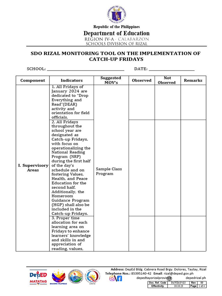 SDO Rizal Catch Up Fridays Monitoring Tool | PDF | Behavior Modification | Learning