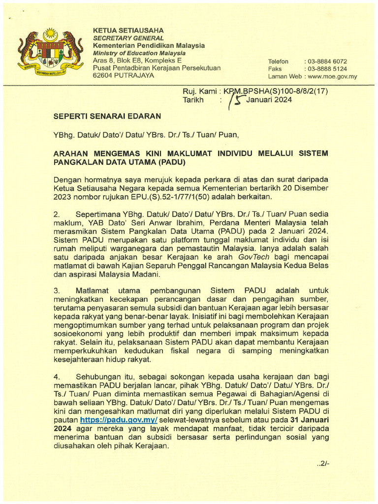 Surat KSU - Arahan Mengemas Kini Maklumat Individu Melalui Sistem PADU ...