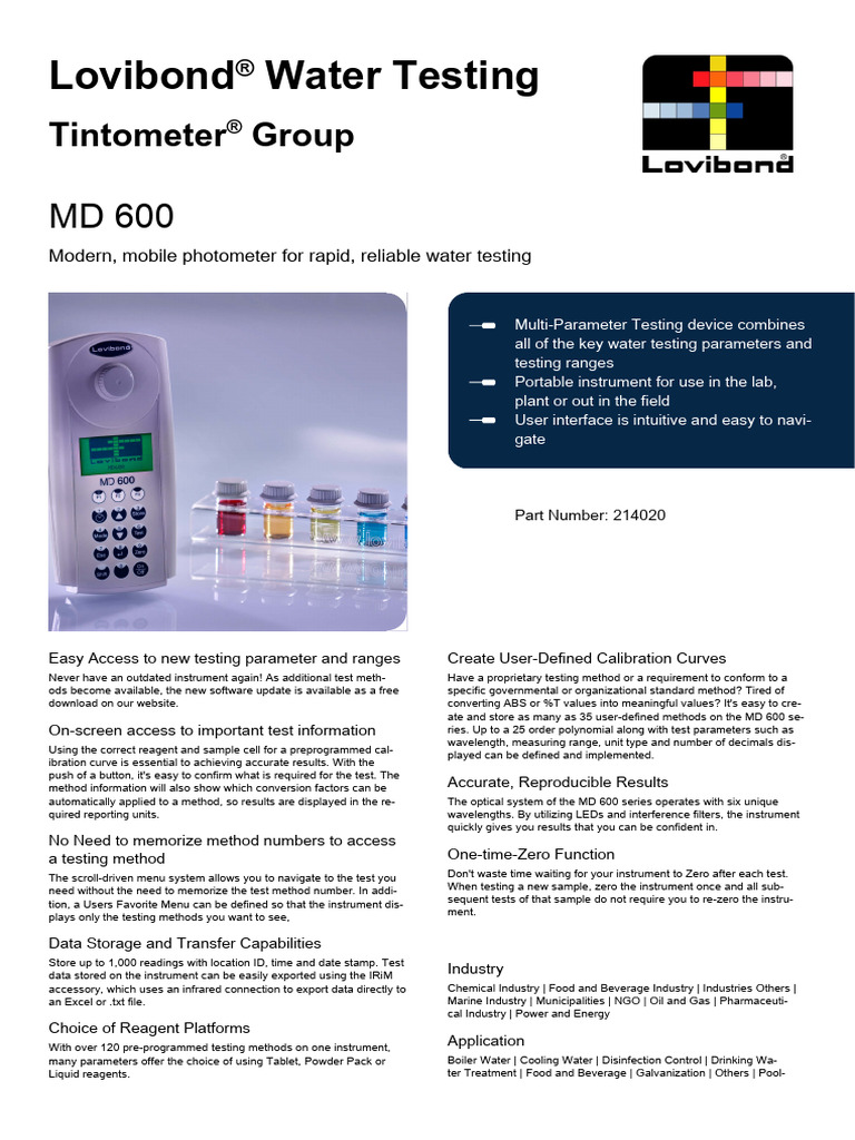 Datasheet 214020 - MD 600 en | PDF | Chlorine | Manganese