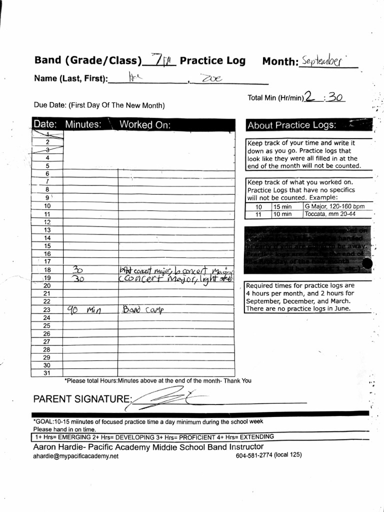 Band Practice Log Template | PDF