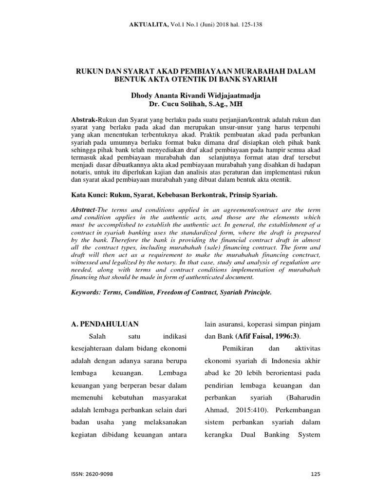 Rukun Dan Syarat Akad Pembiayaan Murabahah Dalam | PDF