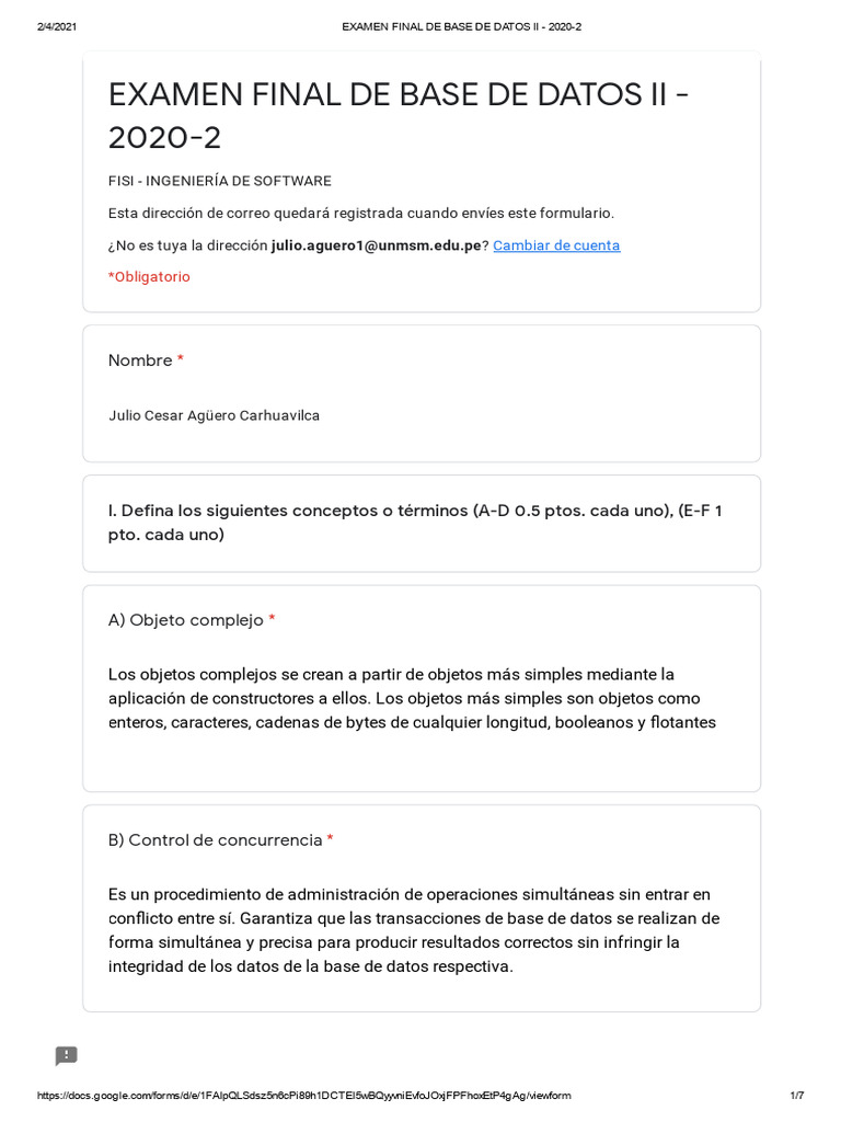 Examen Final de Base de Dssatos II - 2020-2 | Descargar gratis PDF ...