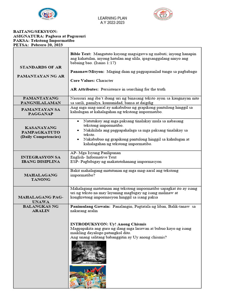 Banghay Aralin Tekstong Impormatibo | PDF