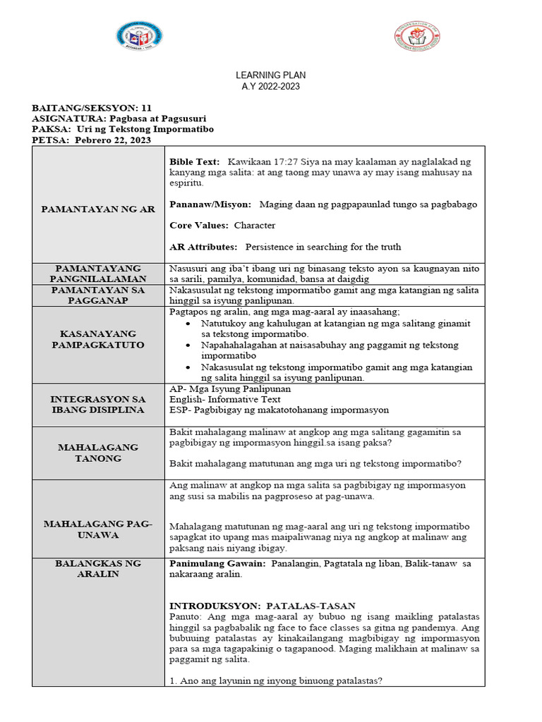 Banghay Aralin Uri NG Tekstong Impormatibo | PDF