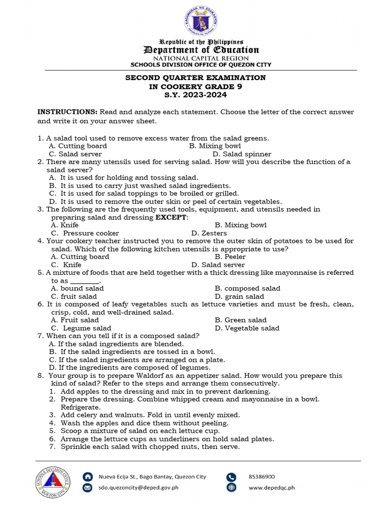 Tle Q2 TQ Cookery Grade 9 | PDF | Salad | Foods