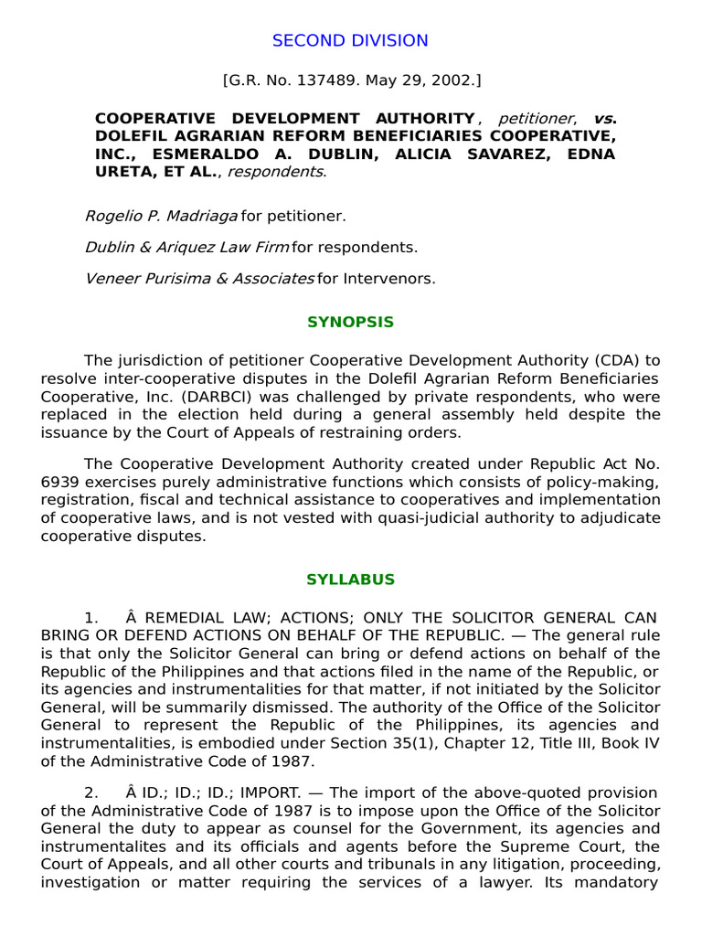 Cooperative Development Authority v. Dolefil Agrarian Reform ...