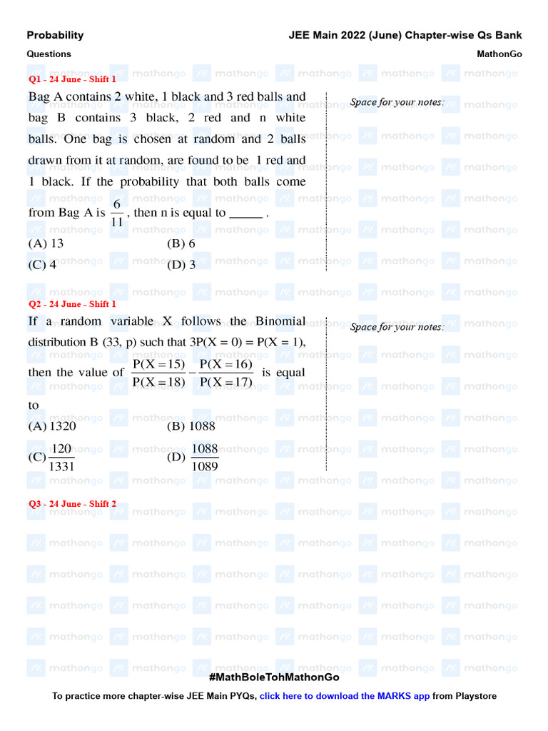 Probability - JEE Main 2022 Chapter Wise Questions by MathonGo | PDF