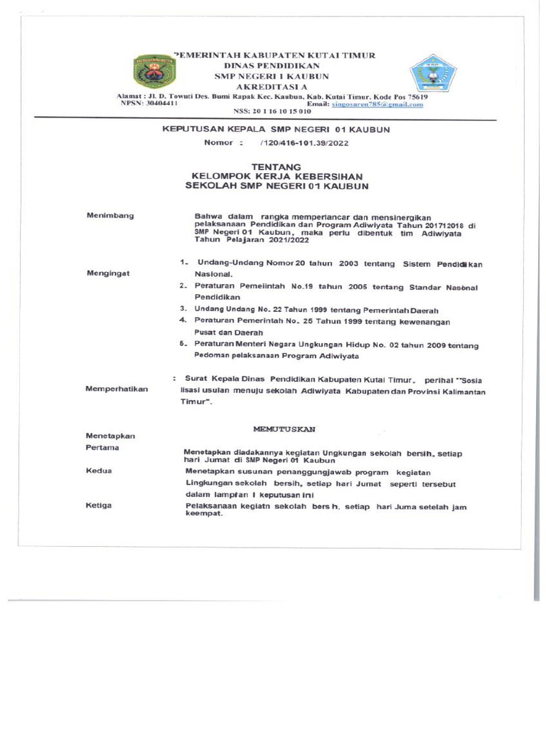 SK Kelompok Kerja Kebersihan SMPN 1 Kaubun | PDF