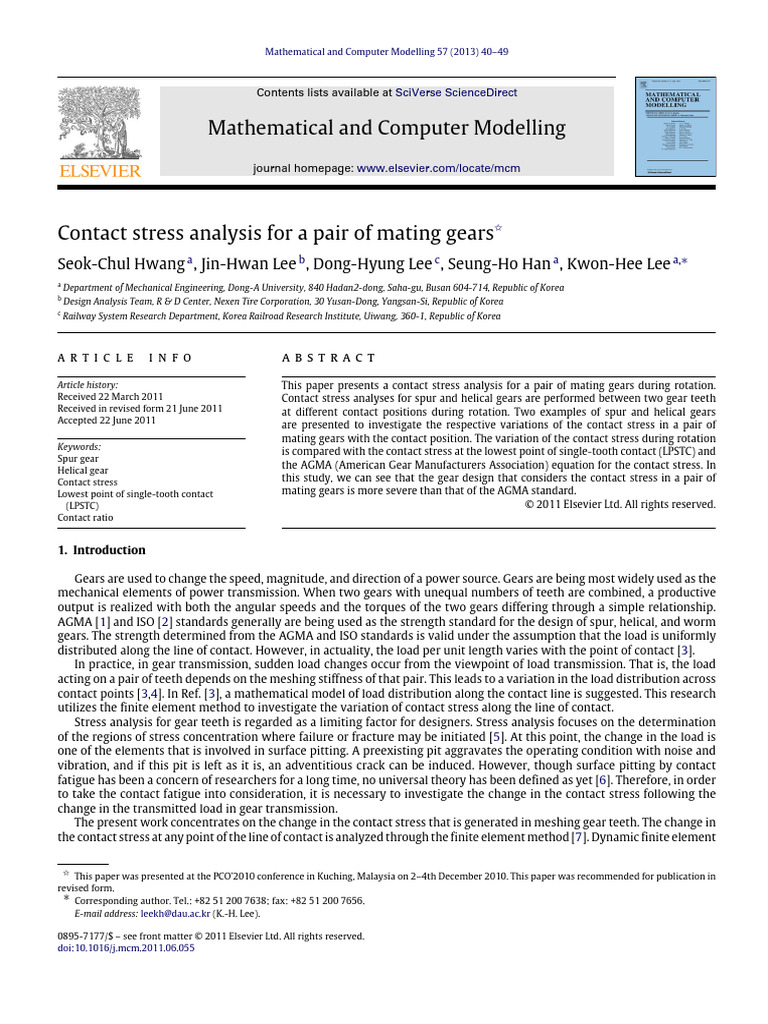 Contact Stress Analysis For A Pair of Mating Gears | PDF | Gear ...