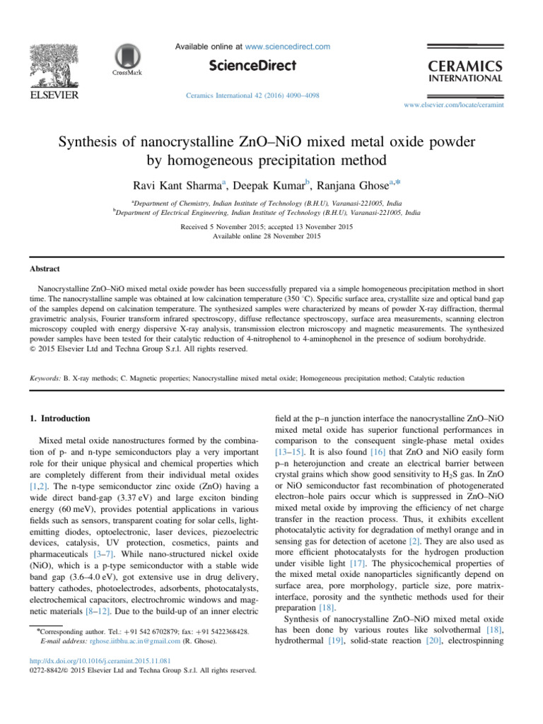 Synthesis of Nanocrystalline ZnO-NiO Mixed Metal Oxide Powder | PDF ...