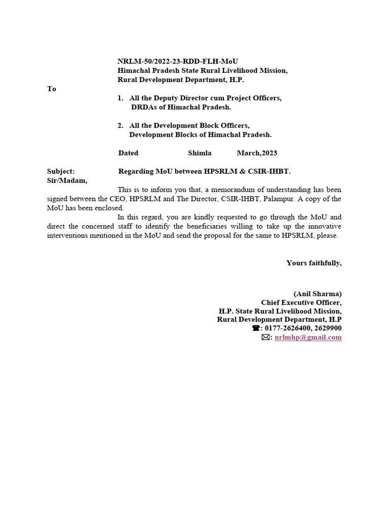 Letter To Districts and Blocks Regarding MoU Between HPSRLM and CSIR ...